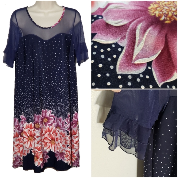 SJS | Dresses | Sjs Womens Dress Blue Pink Floral Sheer Scoop Neck ...